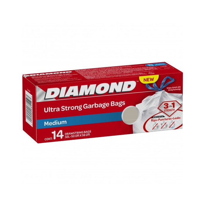 Diamond Ultra Strong Garbage Bags 14s Medium (32L, 50cm x 56cm) - Carton
